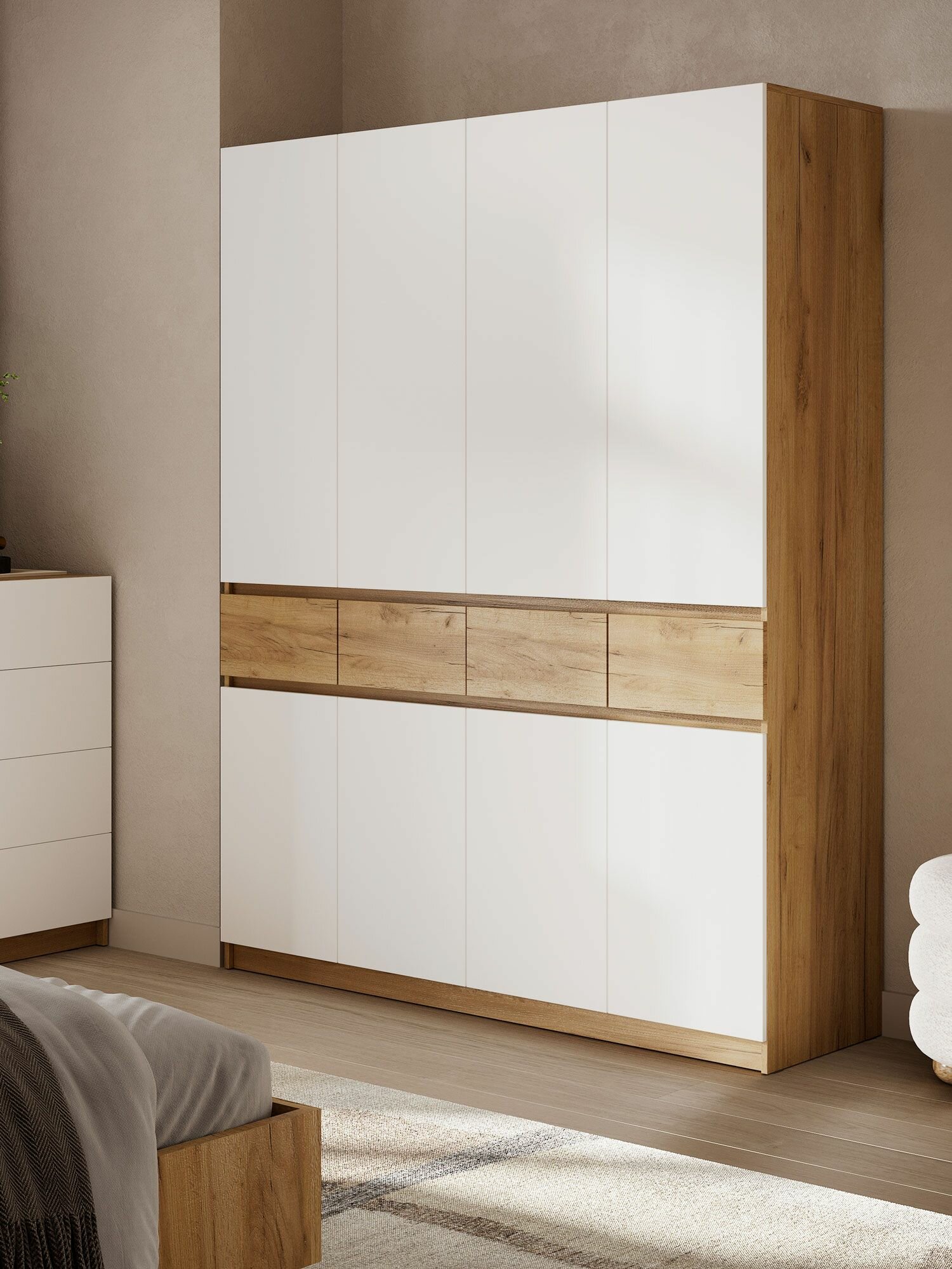 Распашной шкаф для одежды и хранения вещей Бостон Лайт Макси со штангой, с полками, с ящиками, 160х51х210 см, Дуб Крафт золотой / Белый