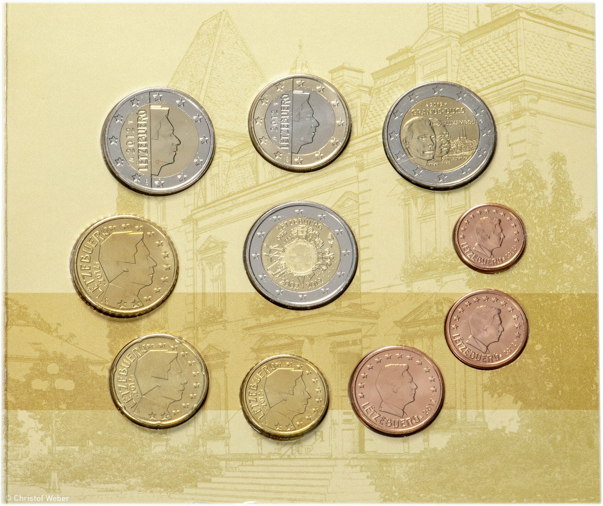 Люксембург 2012 официальный набор евро из 10 монет "Дикирх" в буклете, Биметалл, нордик, сталь с медным покрытием, в сохранности UNC