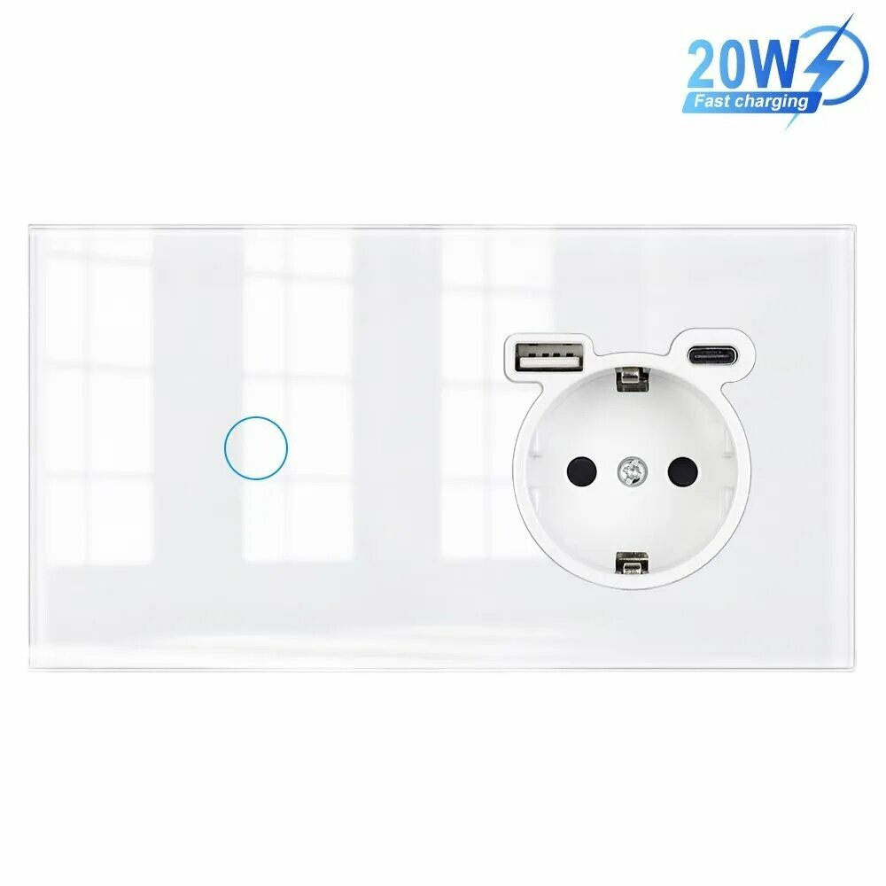 Умный сенсорный WIFI выключатель с розеткой USB и Type C портами в одной стеклянной белый рамке, двухклавишный +1 обычные розетка с usb быстрая зарядка