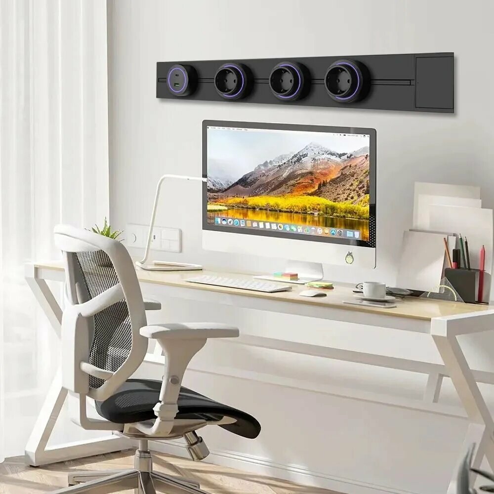 Трековые розетки, накладная металлическая шина 60см,3 EU+2USB, черный, розетка-трек