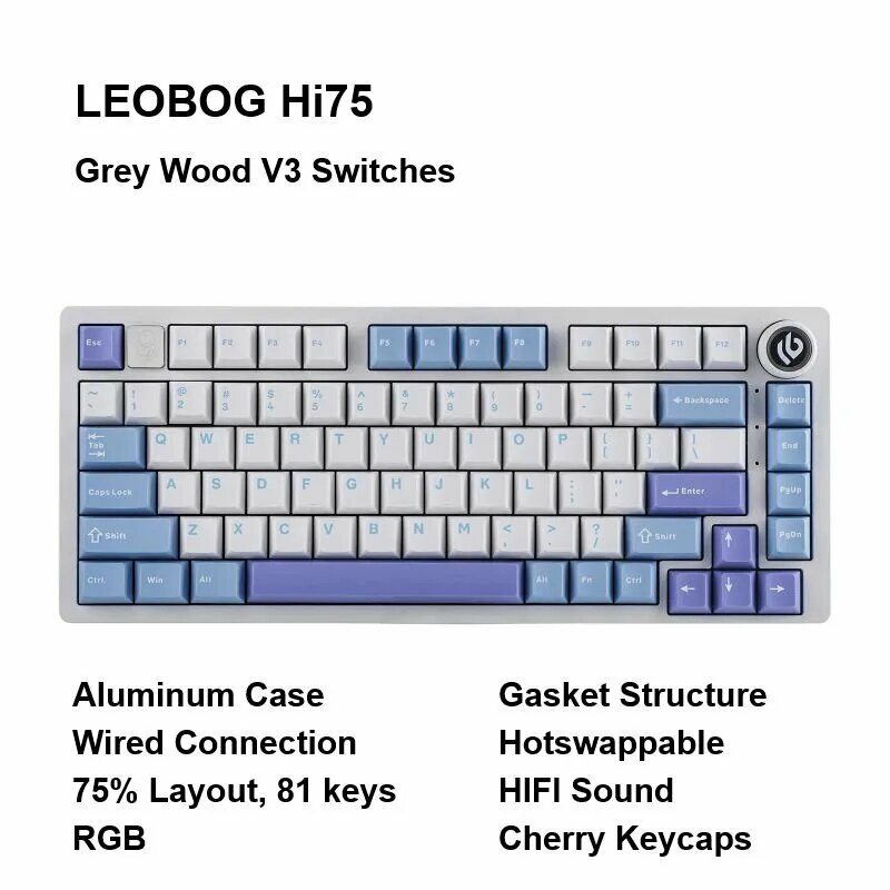 LEOBOG Игровая клавиатура проводная Hi75, Milky White Purple, Grey Wood V3 Switches, Cherry Keycaps, Английская раскладка, сиреневый