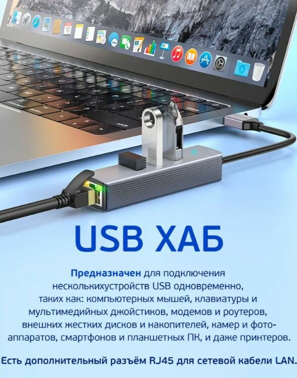 USB Hub Lan адаптер + 3 x USB2.0, Сетевая карта RJ45 - USB, RJ-45 переходник LAN Интернет 100 Мбит/с