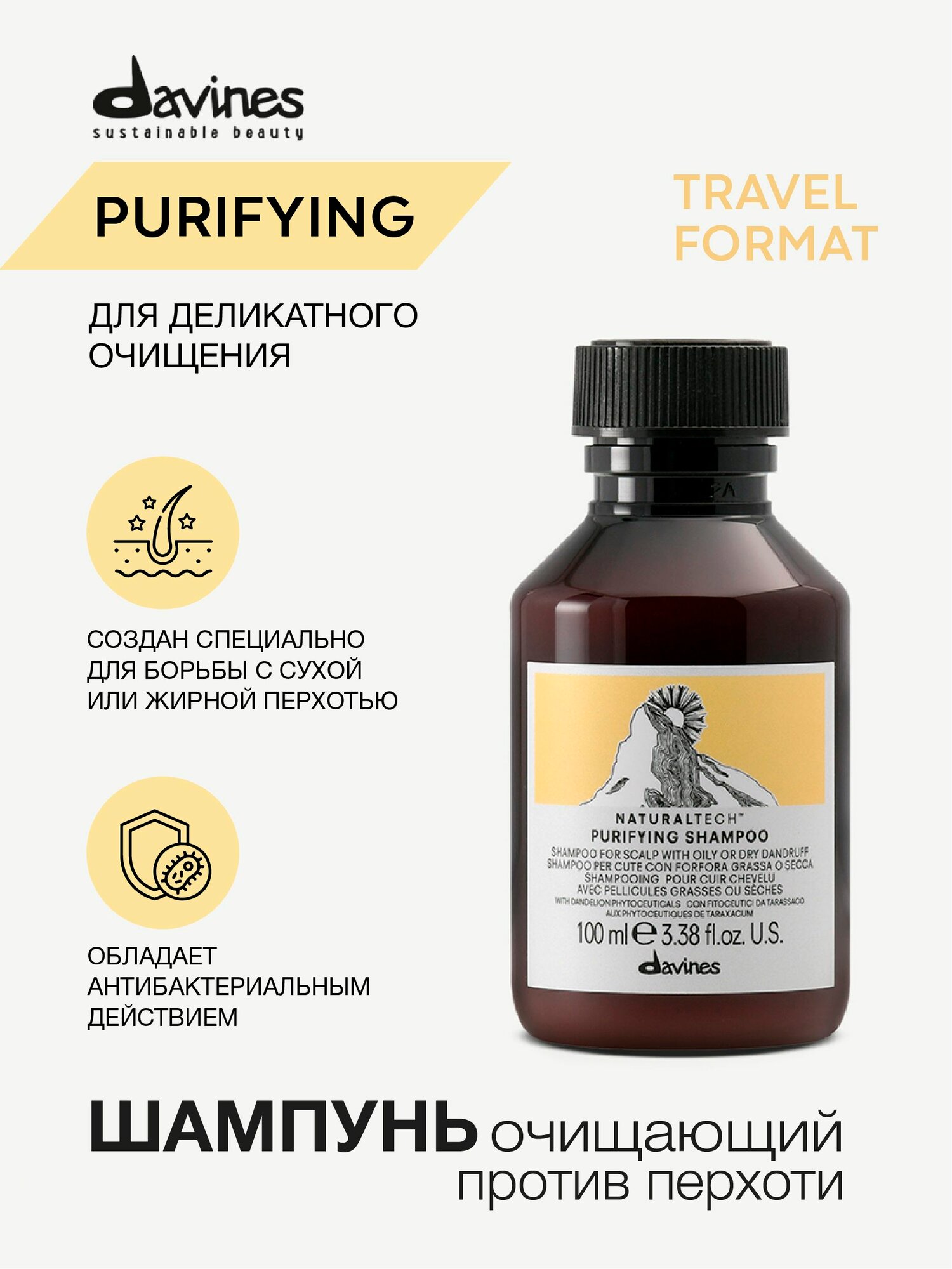 Очищающий шампунь против перхоти Davines NaturalTech Purifying Shampoo, travel 100 мл, Италия