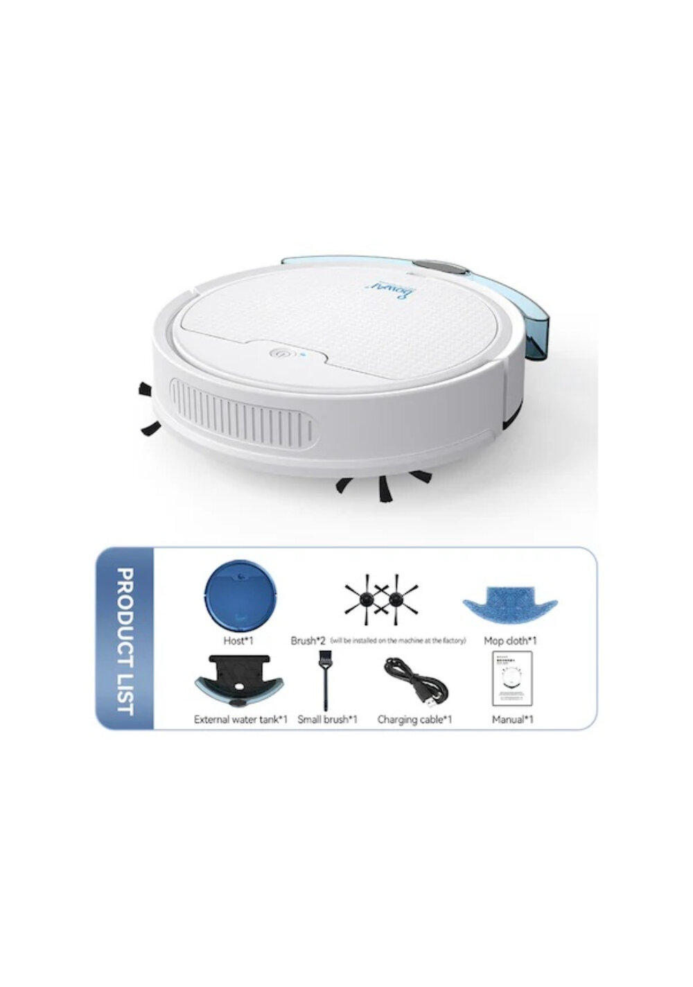 Робот-пылесос OB8S-MAS заряжаемый умный с антипадением и водяным баком белый 3.7V USB батарея время работы 61-120 минут площадь 150 кв. м водяной бак 400мл мотор угольный щеток сила всасывания 1000~1499Pa навигация случайная защита от механического