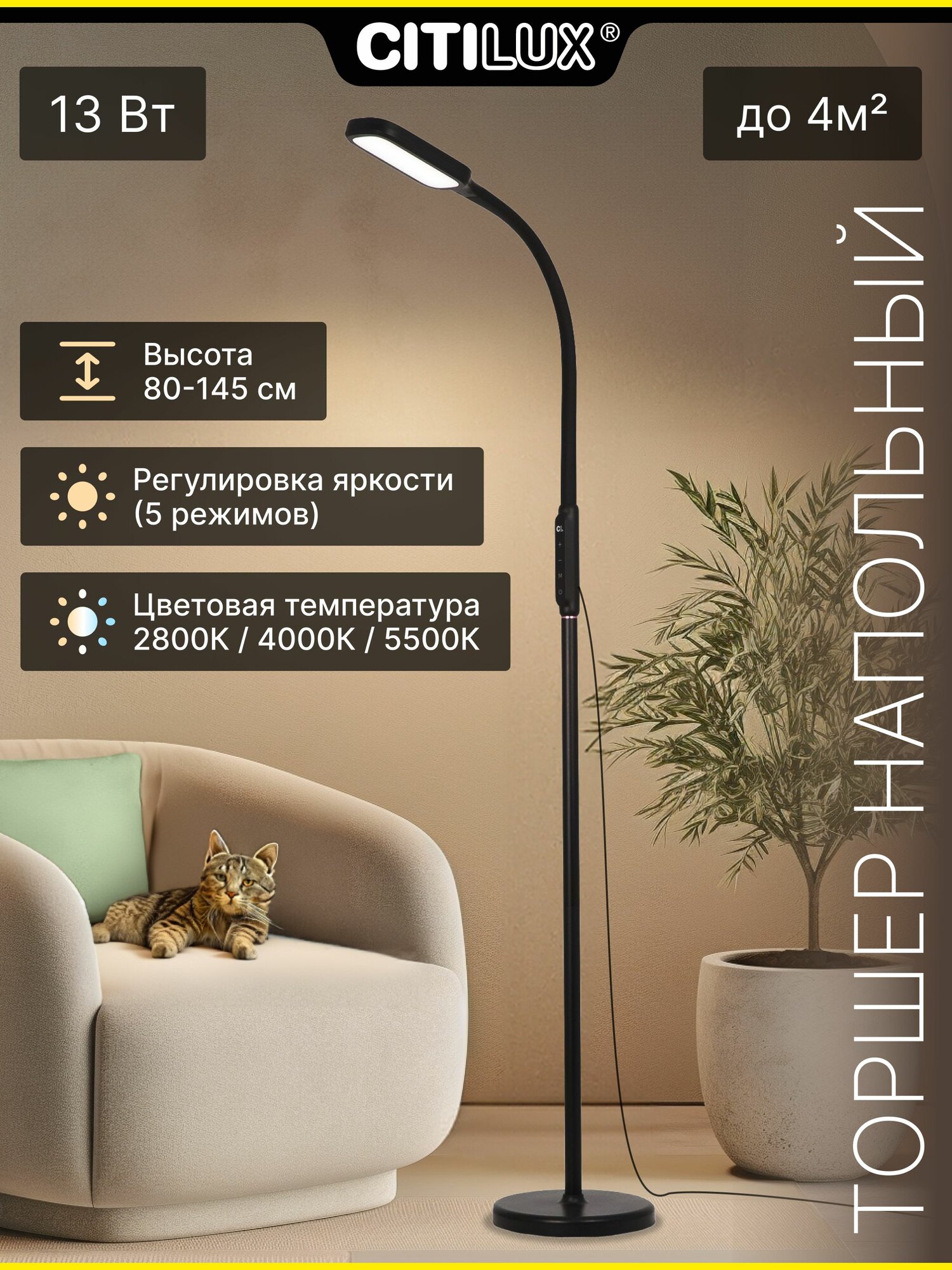 Светодиодный напольный торшер Citilux Марк CL804021, черный, с диммером, сенсорным управлением и таймером, 13Вт