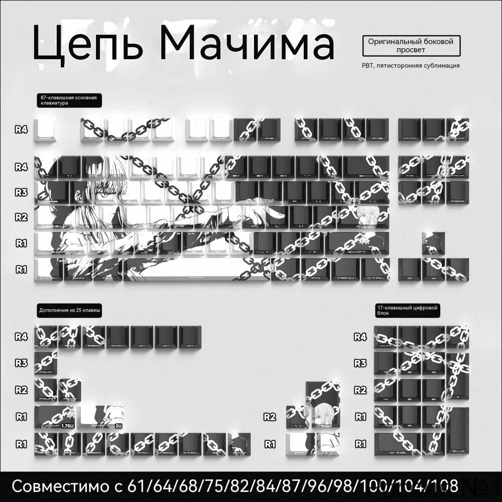 Механическая клавиатура аниме тема Makima 130 клавиш с подсветкой боковых принтов вишневых колпачков