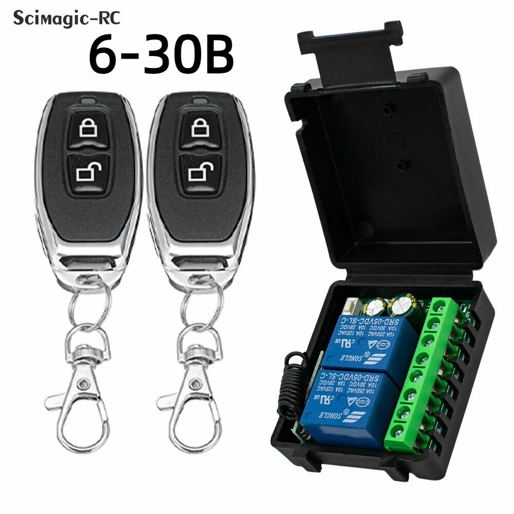 Двух канальное радиоуправляемое реле 6-30B 12B 24B 10А 433МГц. Радиореле для ворот, шлагбаумов. Дистанционный выключатель. Беспроводной переключатель. + 2 пульт