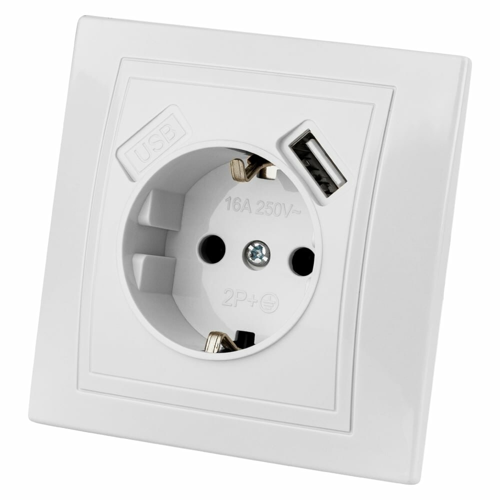 Розетка TDM ELECTRIC 2П+З с защитыми шторками 16А 250В + USB порт 2,1А 5В белая Таймыр