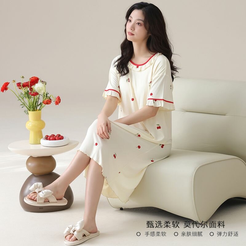 Модальная 5XL экстра большая летняя короткая рукавная ночная рубашка до колена средней длины 110kg года плюс размер свободная ночная рубашка