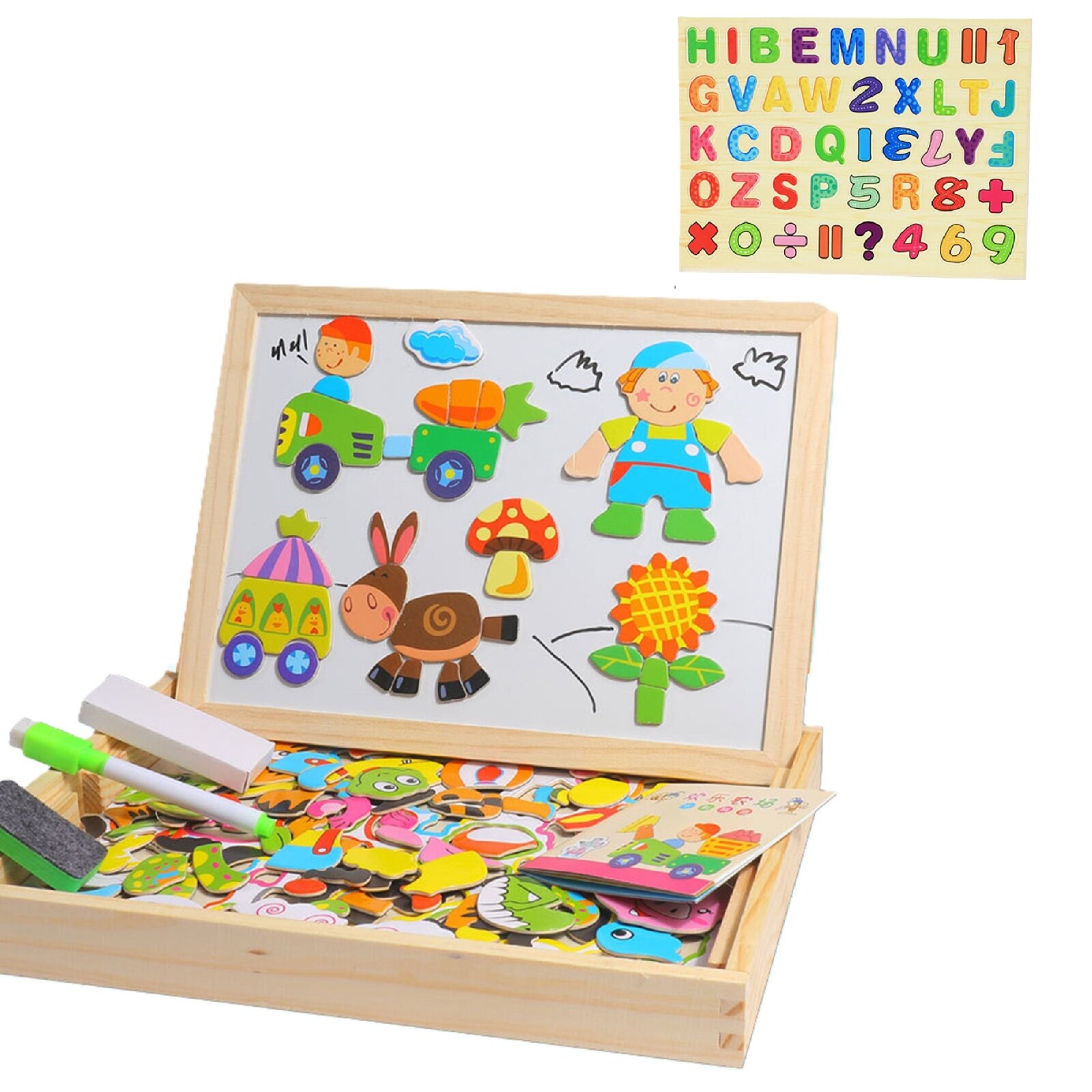 Детский пазл магнитный для раннего образования Счастливая ферма, двухв пазл и рисовальный набор, деревянная коробка хранения с двусторонней доской для рисования, 163+ магнитных наклеек, 1 коробка мелков, 1 водно-основной ручка, 1 ластик для мелков, 1