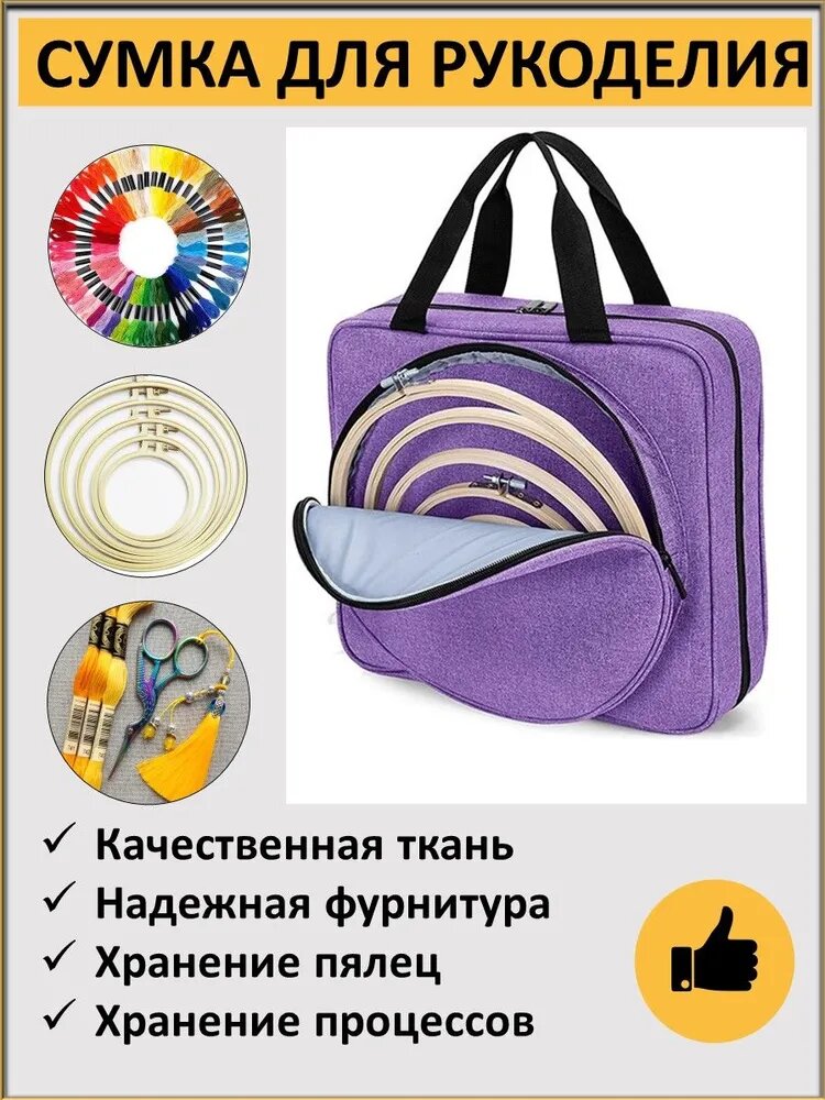 Сумка органайзер для рукоделия, сиреневого цвета из ткани, для хранения ниток мулине и процессов