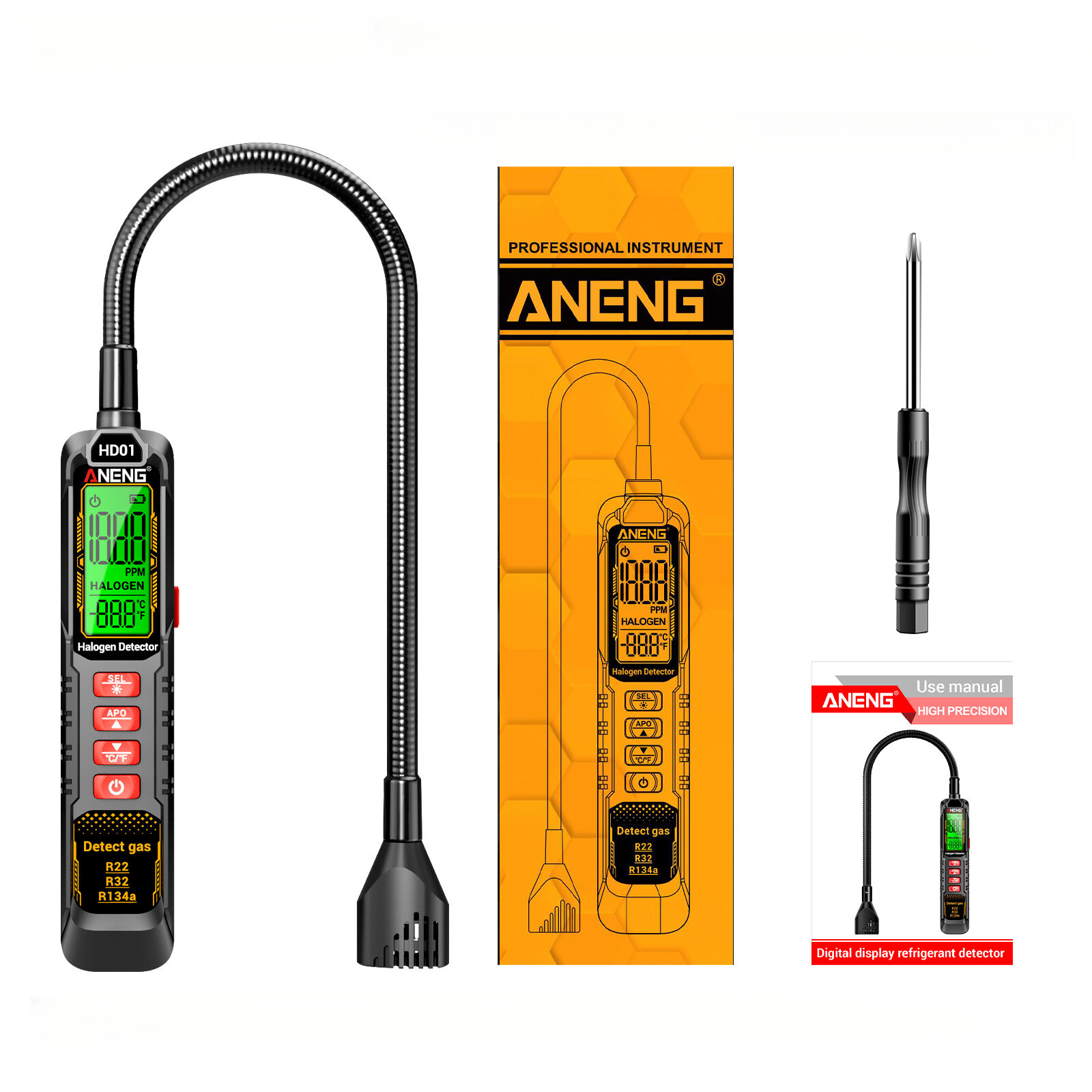 Тестер утечек галогенных хладагентов HD01 портативный для автомобильного кондиционера, рефрижератора, фреона R22 R32 R134a с дисплеем, диапазон измерений 0-1000 PPM, чувствительность 0.5 oz/год, гибкий шланг 30 см, функция авто-нуля, автоматическое