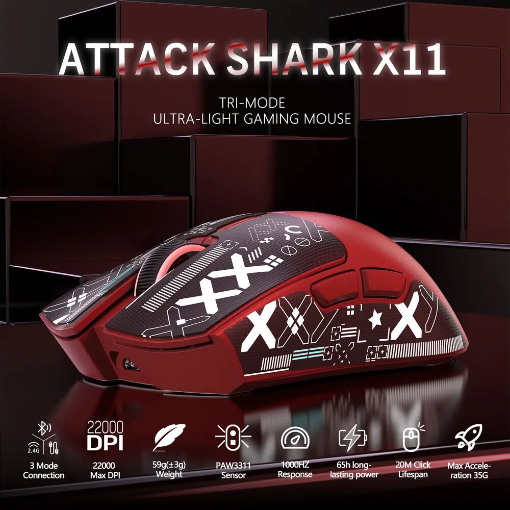 ATTACK SHARK X11 Игровая мышь беспроводная, красный, 22000 DPI