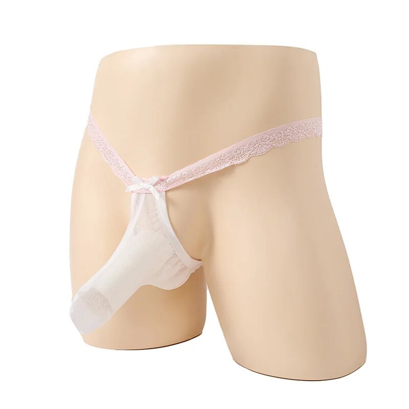 Нижнее белье с бантом, мужские сексуальные трусики с носом слона, сетчатые прозрачные стринги с Т-образной спинкой, стринги, эластичное длинное нижнее белье-футляр для пениса Розовый, XL, White