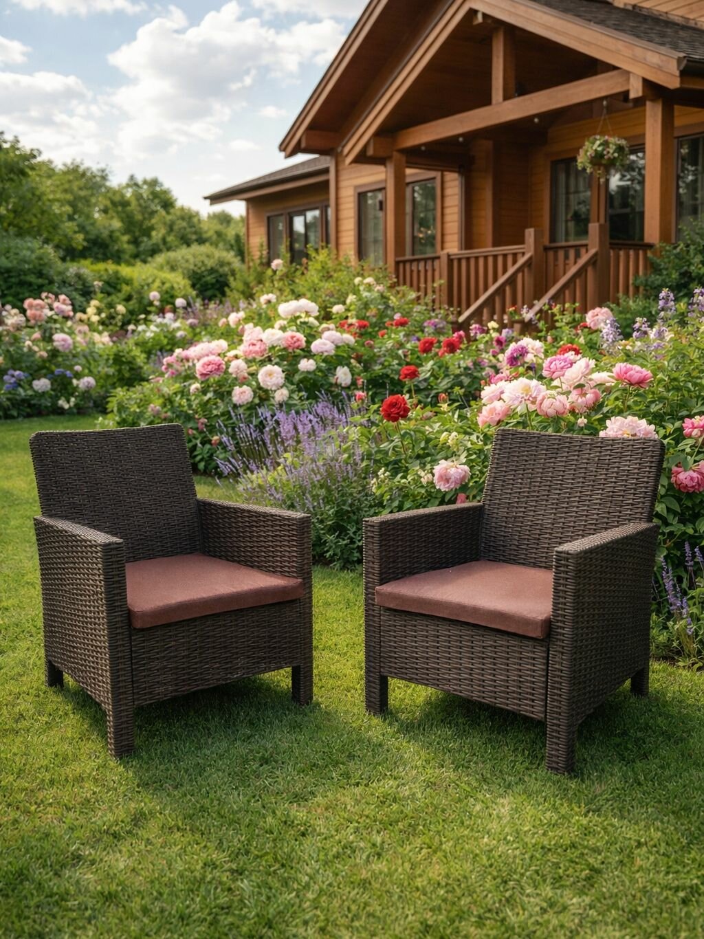 Комплект садовых кресел 2шт, под ротанг, с коричневой подушкой, коричневый