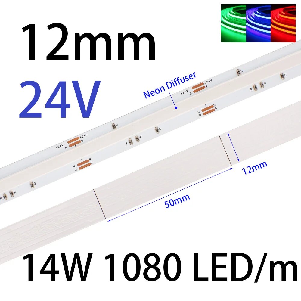 OCONA COB RGB Светодиодная лента 12В 12mm-24V 1080LEDs, 0,5 м