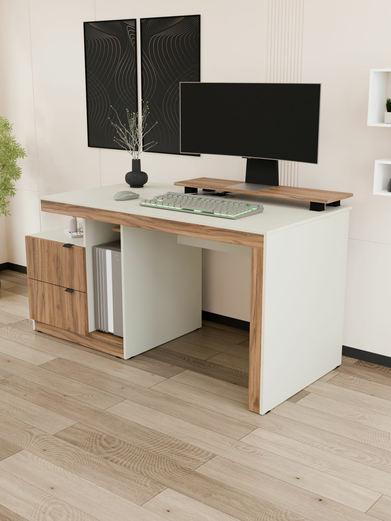 Изумлит Стол компьютерный для офиса и дома Вертикаль Лайт 162х80х74.5 см, тумба слева, бежевый-дуб крафт табачный