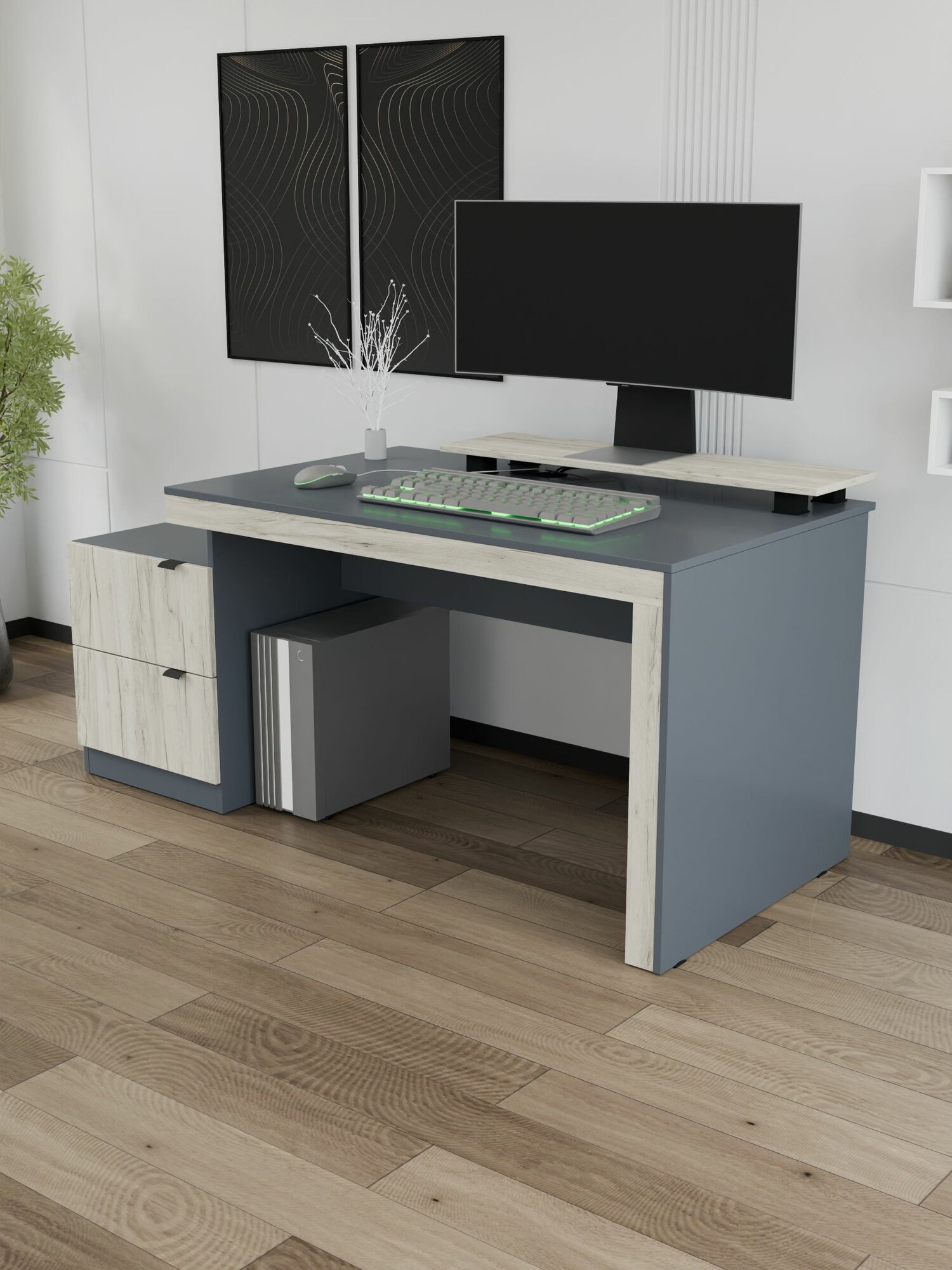 Изумлит Стол компьютерный для офиса и дома Вертикаль Компакт Лайт 165х73х74.5 см, тумба слева, графит - дуб крафт белый