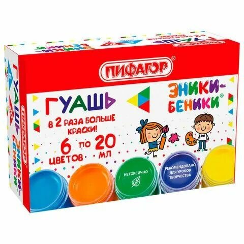 Гуашь пифагор "эники-беники NEW", 6 цветов по 20 мл