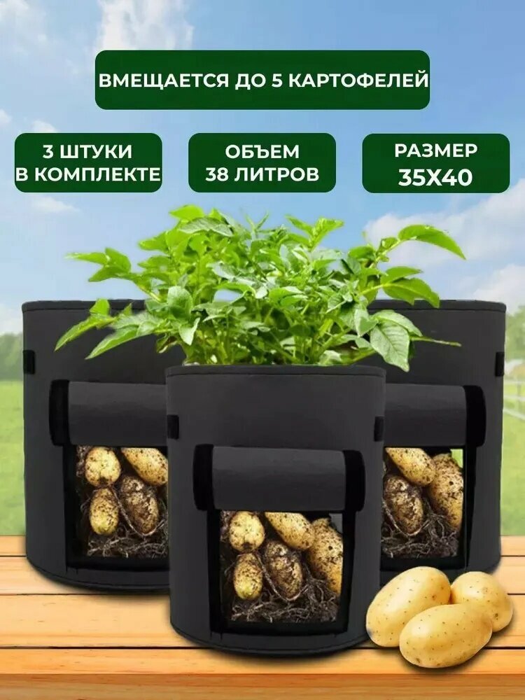 Мешок-горшок для растений 20 л, 25 см, 3 шт, цвет черный