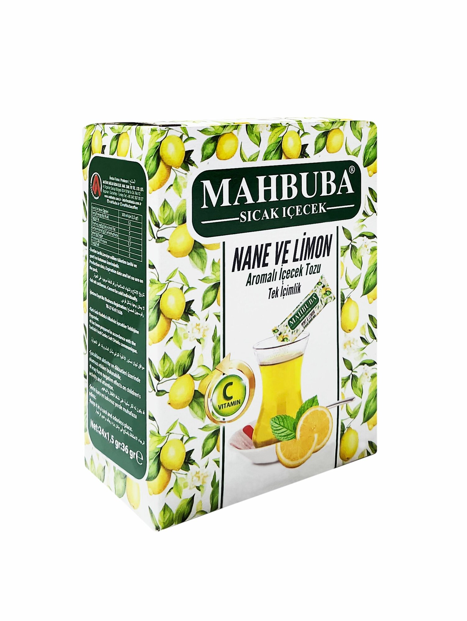 Быстрорастворимый чайный напиток со вкусом лимона и мяты, "Mahbuba", Lemon, (24шт) 36гр. Турция