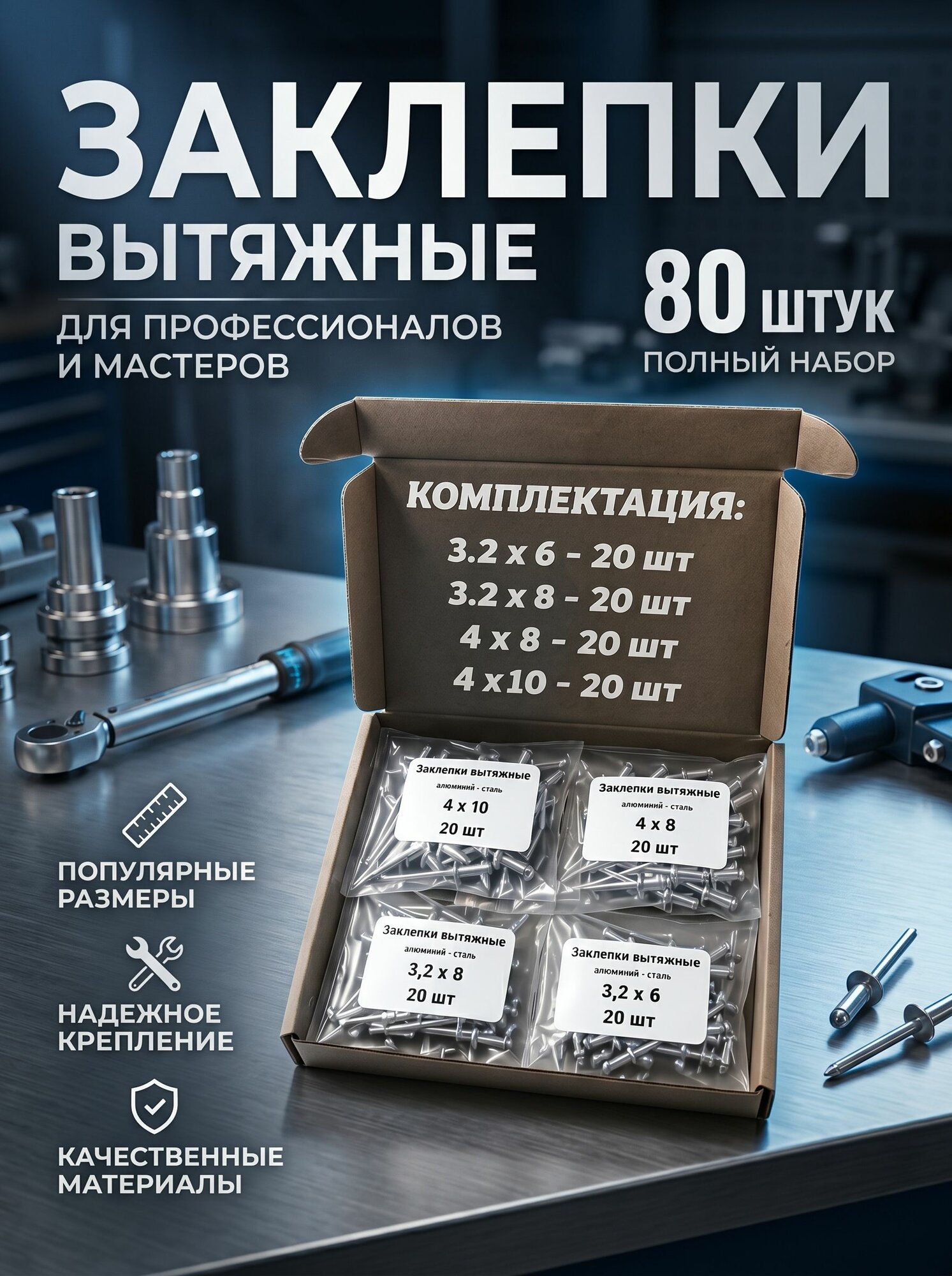 Набор вытяжных заклепок для заклепочника 3.2х6, 3.2х8, 4х8, 4х10 (80)
