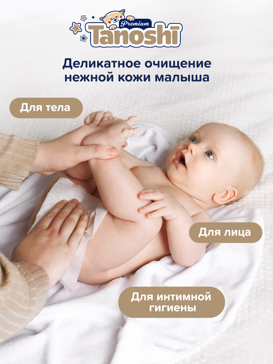 Влажные салфетки детские Tanoshi Premium с Алоэ Вера, без запаха и спирта, 0+, набор 3 большие упаковки с клапаном по 80 шт