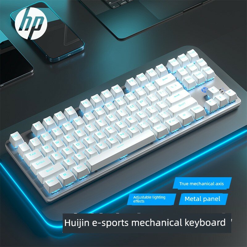 HP GK200 Механическая клавиатура с синими переключателями, серебристо-белый цвет, проводная для игр и офиса, 87 клавиш