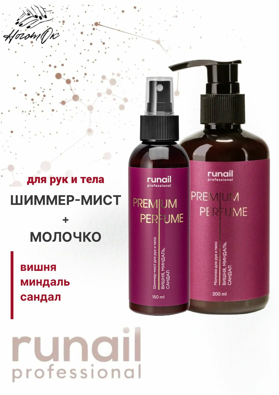 Набор runail для ухода за кожей тела и рук молочко и мист с шиммером (аромат: вишня, миндаль, сандал)