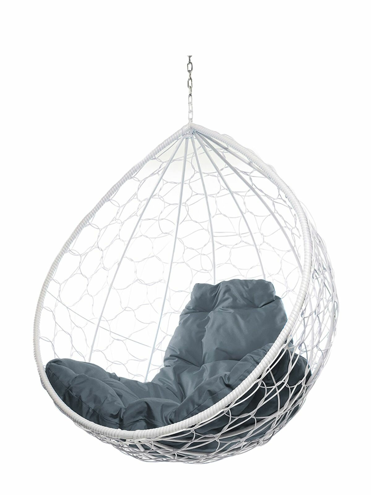 Подвесное кресло капля (без стойки), с ротангом белое, серая подушка