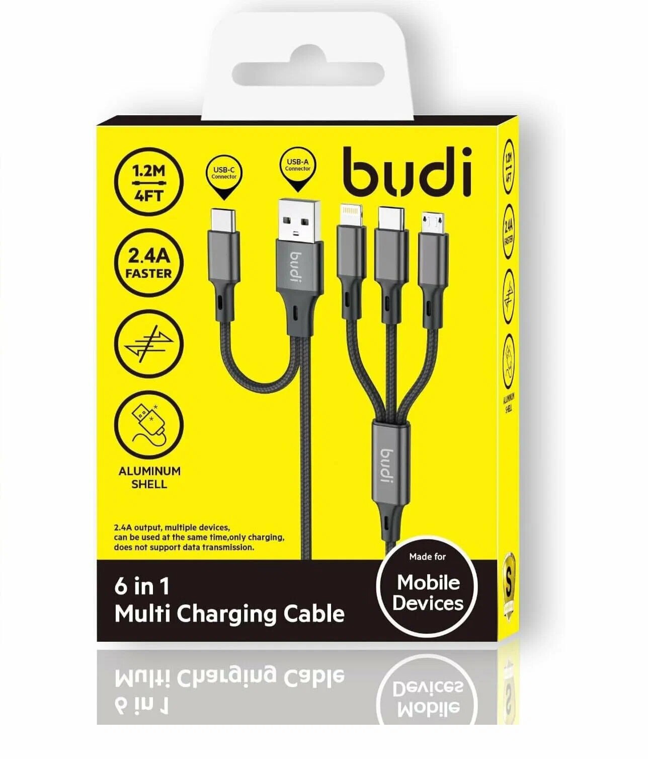 Кабель для зарядки телефона budi 6 в 1 USB+Type-C to Type-C+Lightning+Micro-USB, 1 метр, 3А - Черный