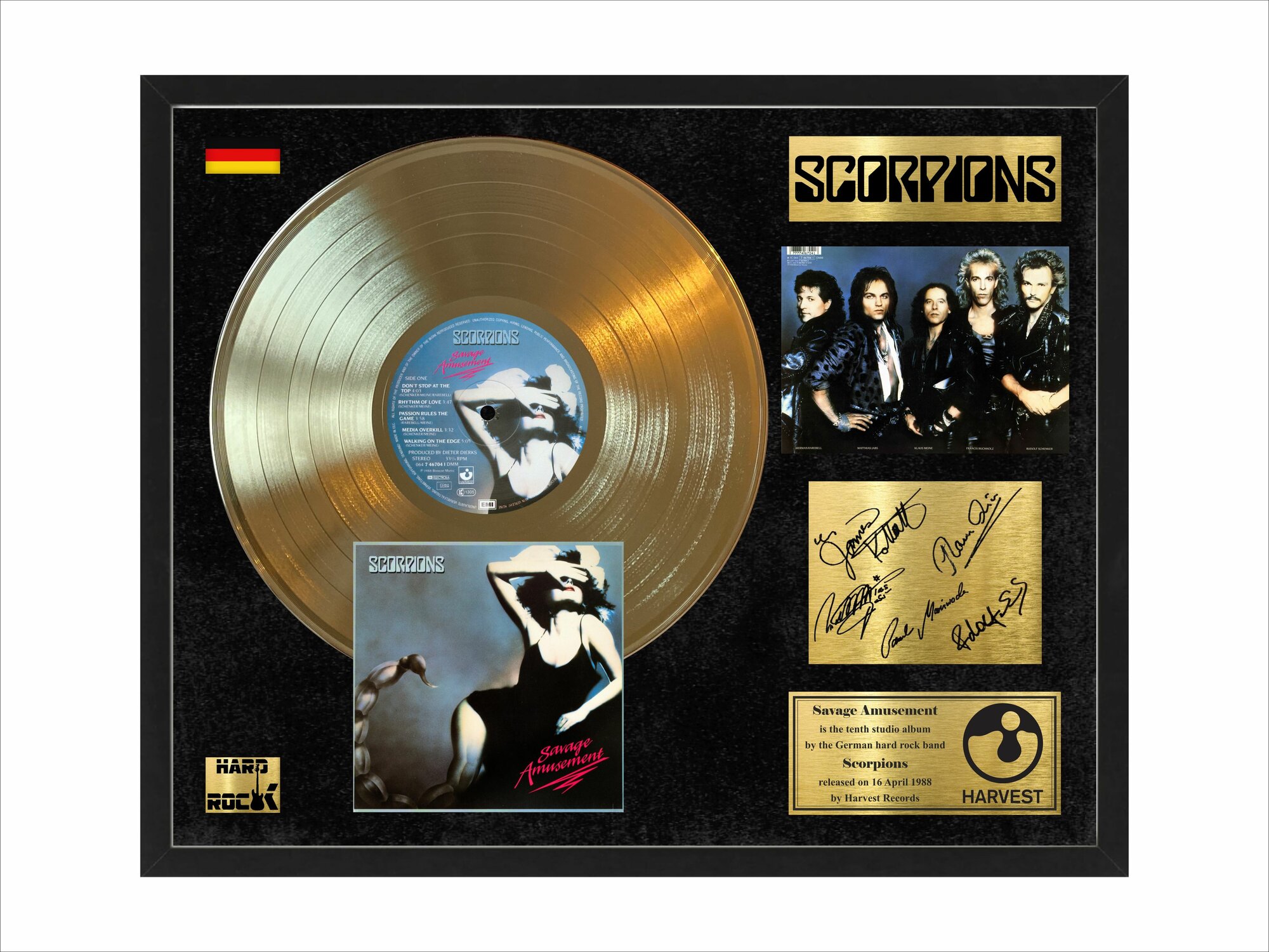 Scorpions Savage amusement золотая виниловая пластинка в рамке и автографы музыкантов