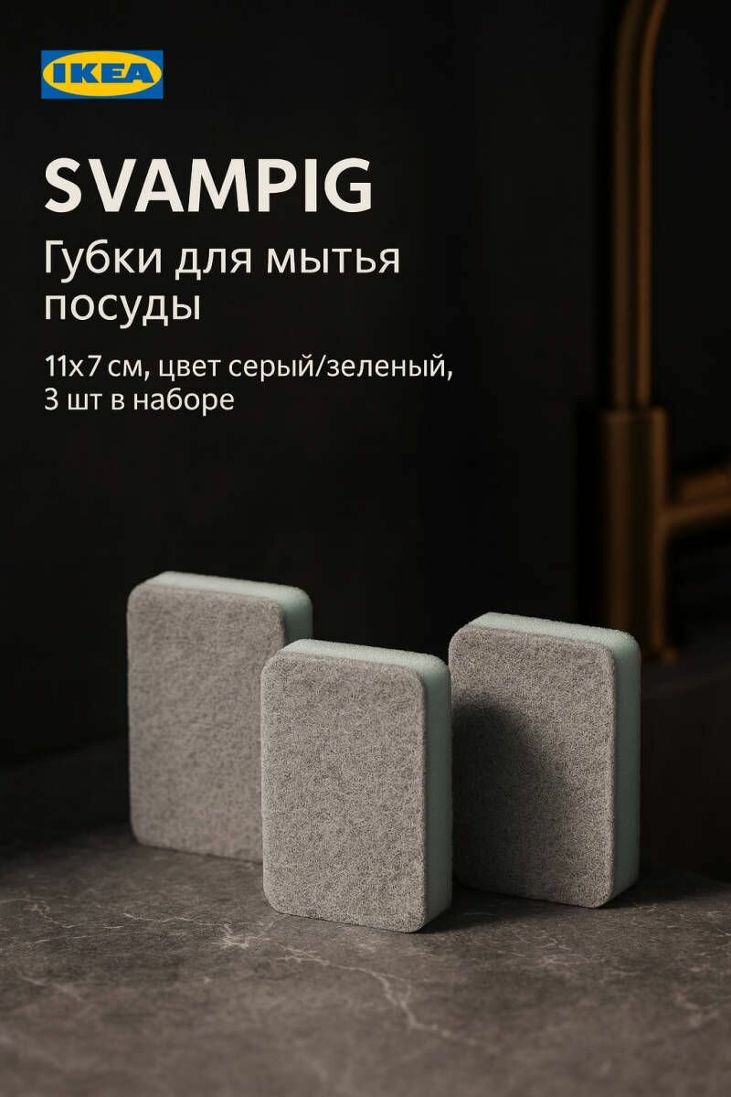 Губки для мытья посуды IKEA - SVAMPIG(свампиг), 11х7 см, цвет серый/зеленый, 3 шт в наборе