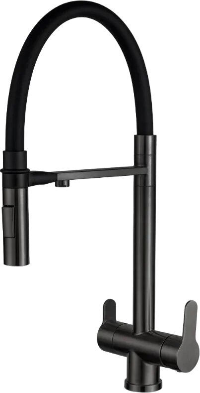 Смеситель для кухни Zorg Sanitary SZR-3030 GRAFIT с гибким изливом, с краном для питьевой воды, с поворотным изливом, черный, матовый, однорычажный, нержавеющая сталь, с керамическим картриджем