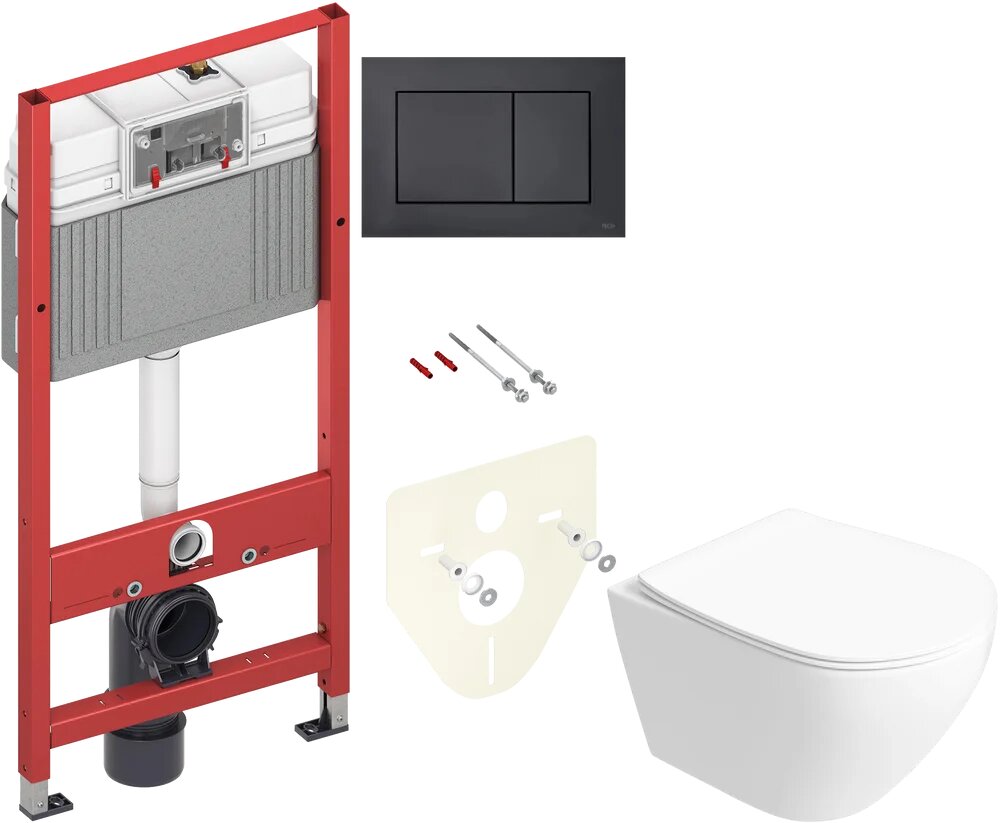 Комплект 6 в 1: Инсталляция TECE Now 9400414 / Унитаз подвесной Кронборг S28401WH безободковый / Сиденье с микролифтом, Кнопка матовая черная, Комплект шумоизоляции, креплений