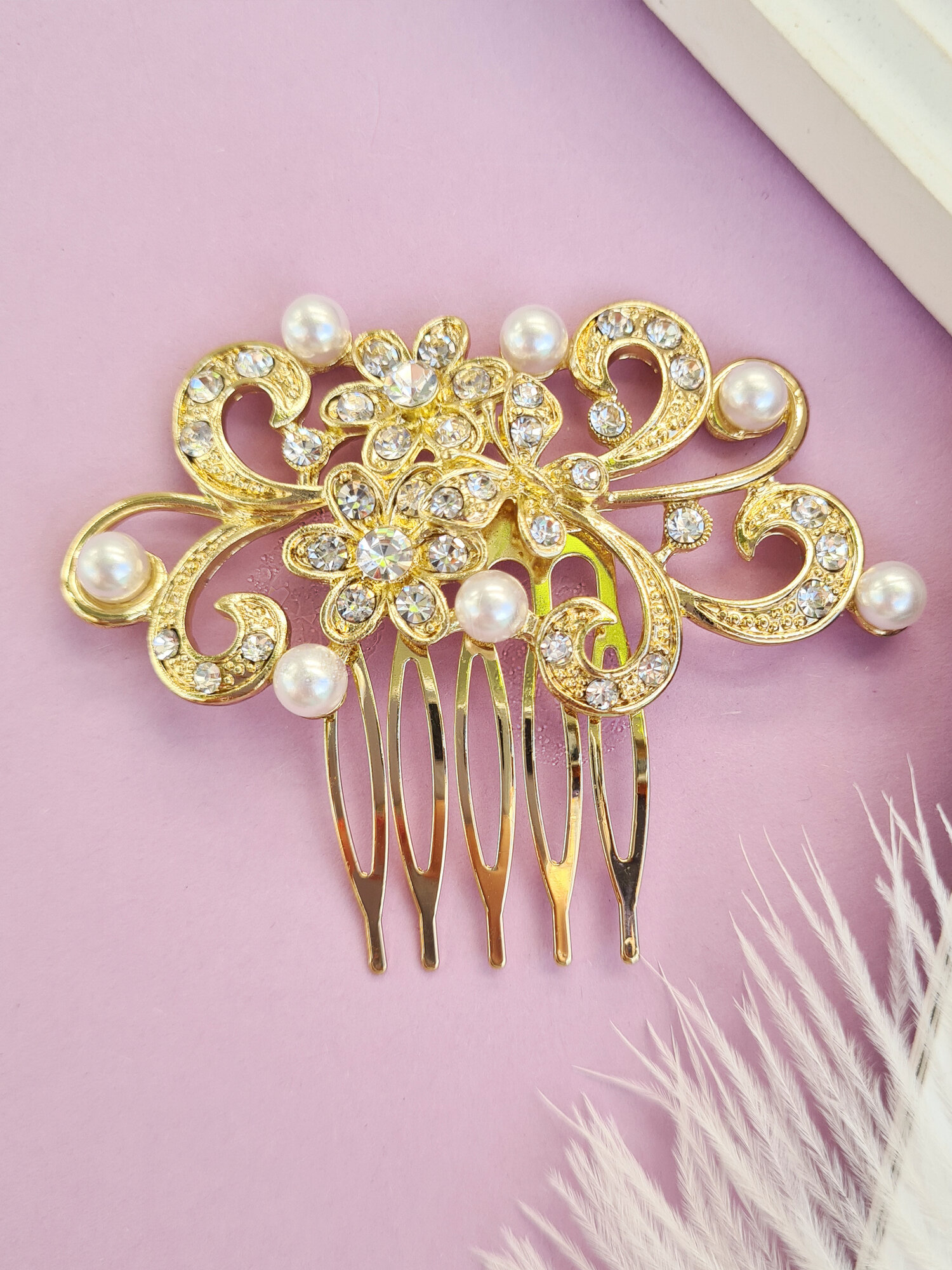 Гребень для волос SUNRISE, с бусинами и стразами, золотой, 7x3 см