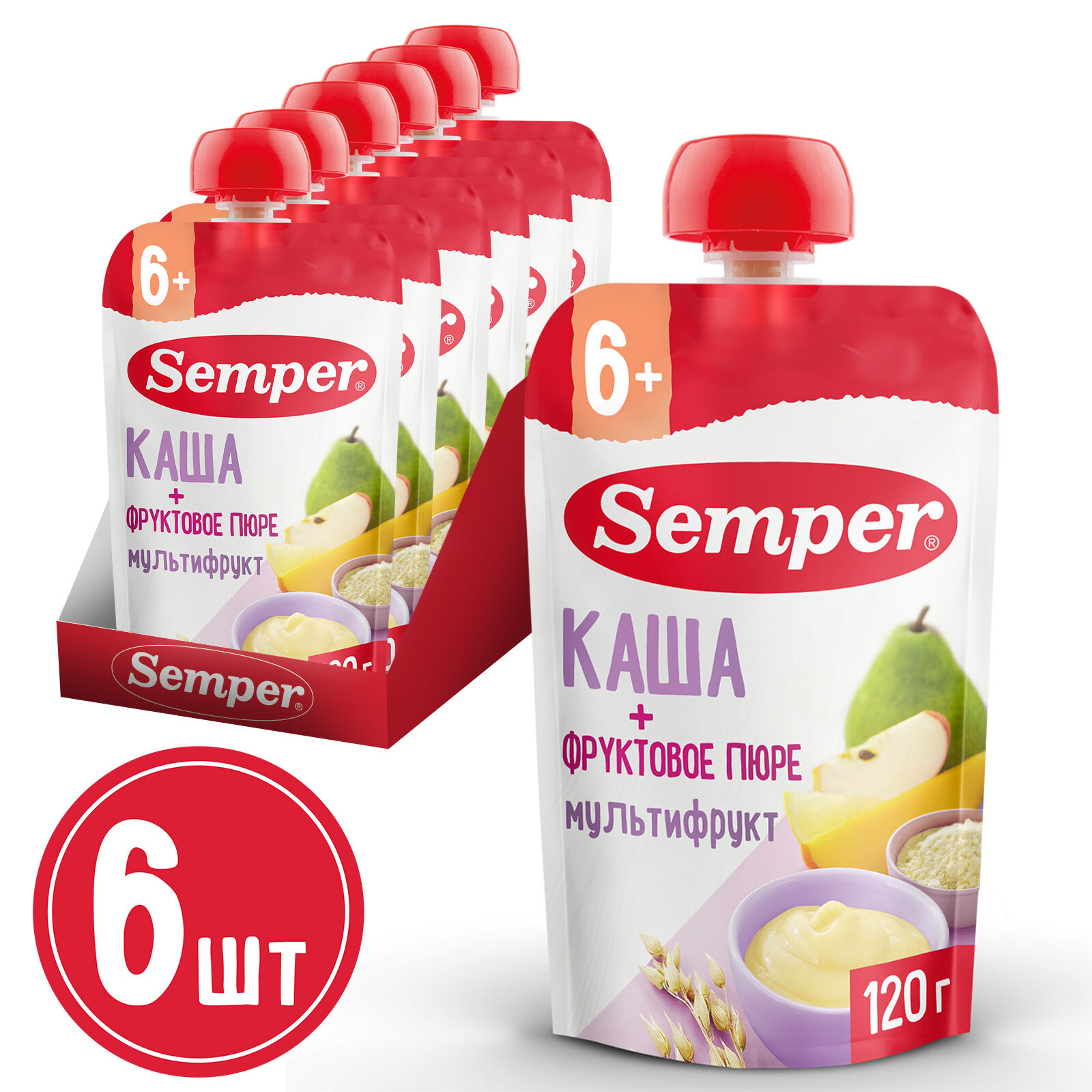 Детское питание Пюре Semper мультифруктовое с кашей, с 6 месяцев, 6х120г