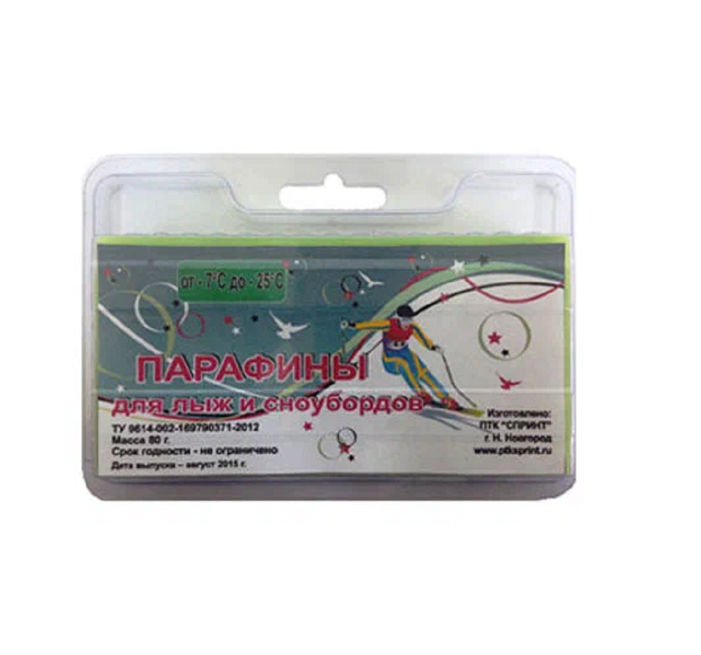 Парафин Sprint, для лыж и сноубордов, мазь скольжения, пл-з, -7-25°c, 80 г, зеленый