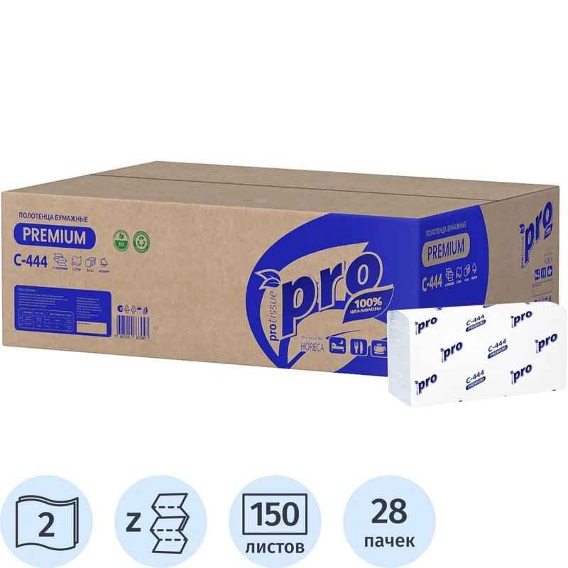 Полотенца бумажные Protissue Z-слож 2сл 150л/пач 28пач/кор_С444