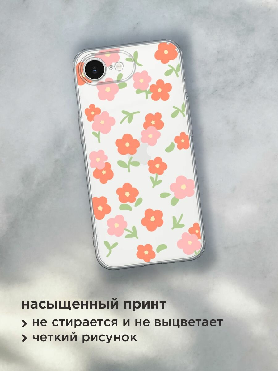 Чехол на Apple iPhone 16e/17e / Айфон 16е/17e с принтом "Красные цветочки рисунок", прозрачный — фото 1