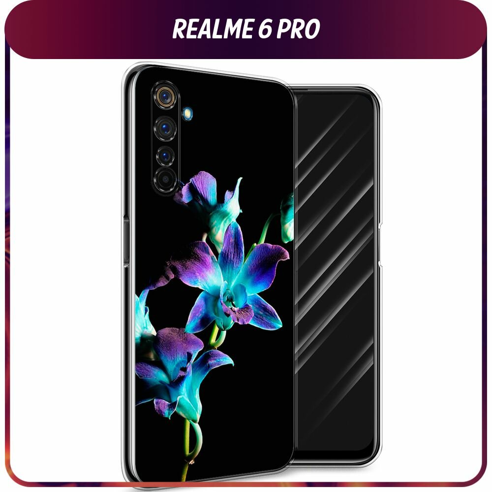 Чехол на Realme 6 Pro / Реалми 6 Про с принтом "Синий цветок на черном"