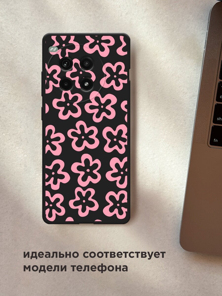 Черный матовый чехол на OnePlus Ace 3 Pro / Ван Плас Эйс 3 Про с принтом "Простые розовые цветочки" — фото 1