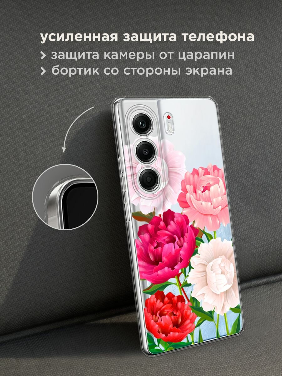Чехол на Tecno Camon 40 Pro 5G / Текно Камон 40 Про 5G с принтом "Большие пионы", прозрачный — фото 1