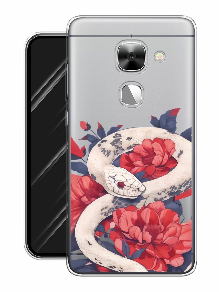 Чехол на LeEco Le 2/2 pro / Лееко Ле 2/2 про с принтом "Белая змея в цветах", прозрачный — фото 1