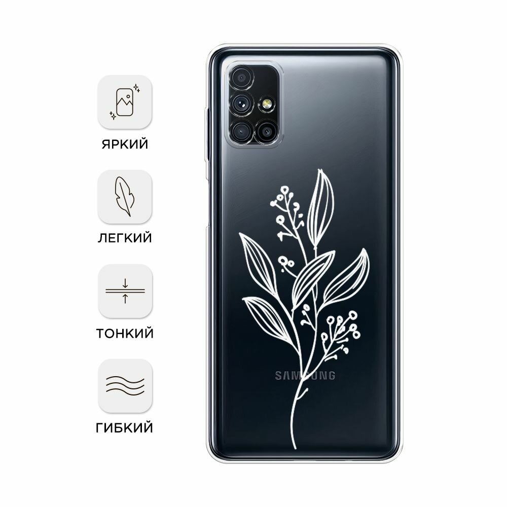 Чехол на Samsung Galaxy M31s / Самсунг Галакси M31s с принтом "Ветка с листочками и цветами", прозрачный — фото 1