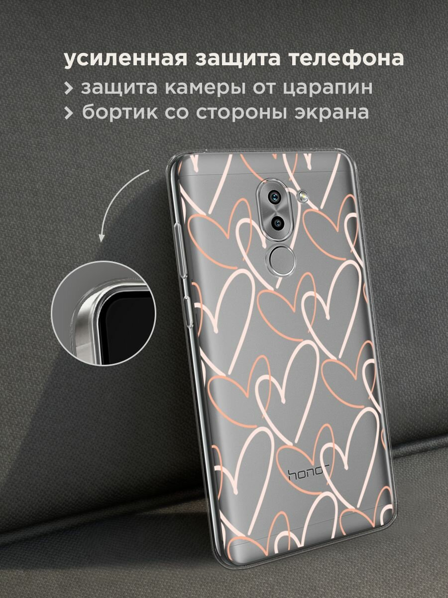 Чехол на Honor 6X / Хонор 6Х с принтом "Узор из сердечек", прозрачный — фото 1