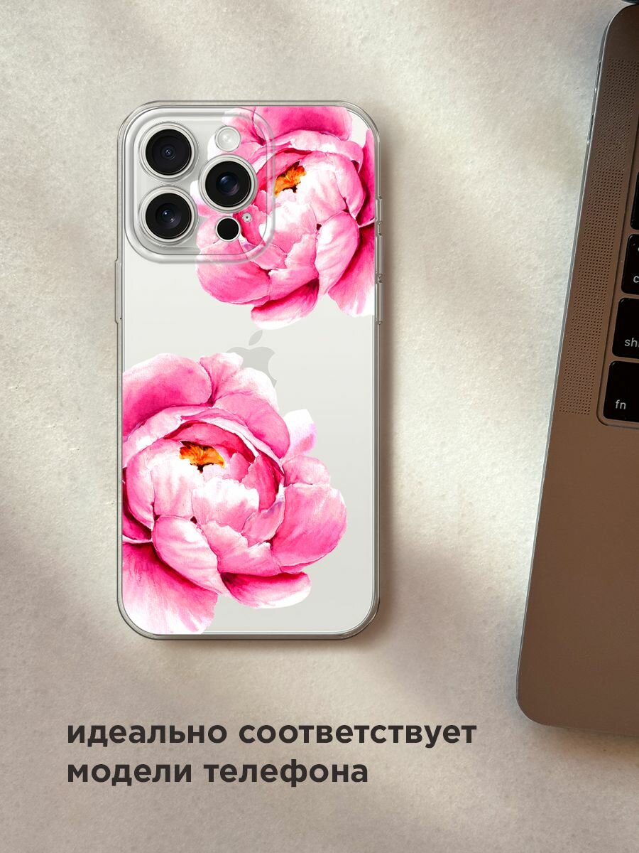 Чехол на Apple iPhone 15 Pro Max / Айфон 15 Про Макс с принтом "Open peonies", прозрачный — фото 1