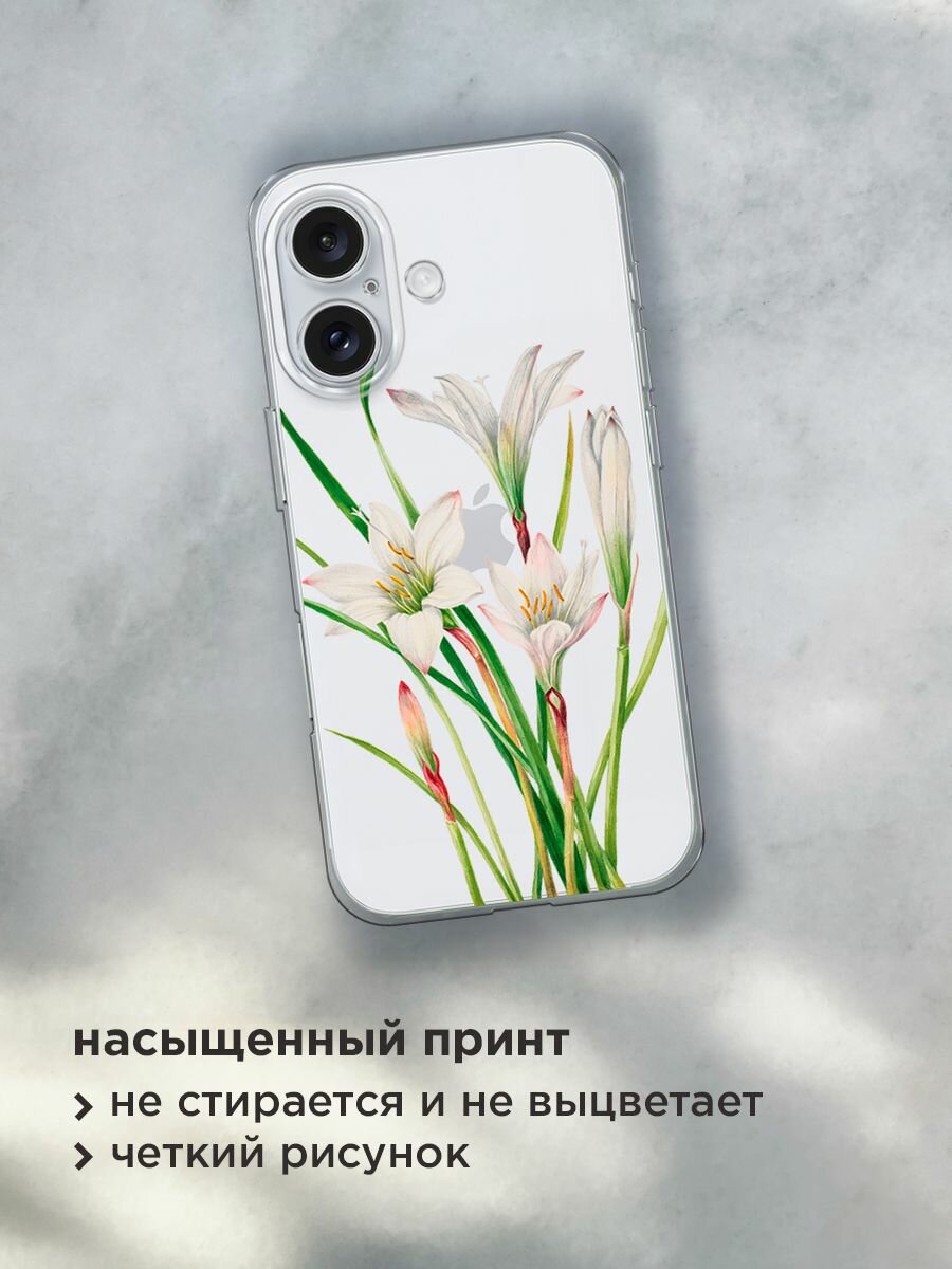 Чехол на Apple iPhone 16 / Айфон 16 с принтом "White lily", прозрачный — фото 1