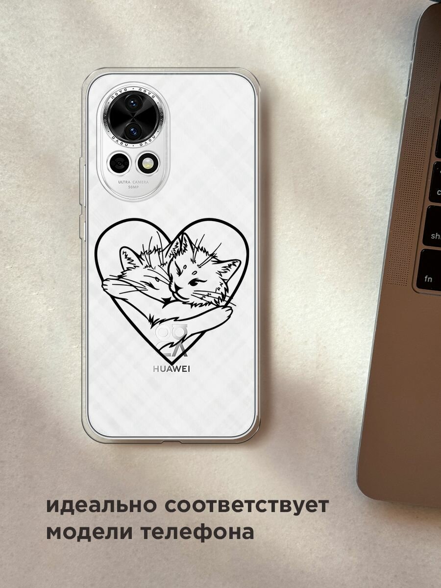 Чехол на Huawei Nova 12/Nova13 / Хуавей Нова 12/Нова 13 с принтом "Влюблённые котики рисунок 3 - 14 февраля", прозрачный — фото 1