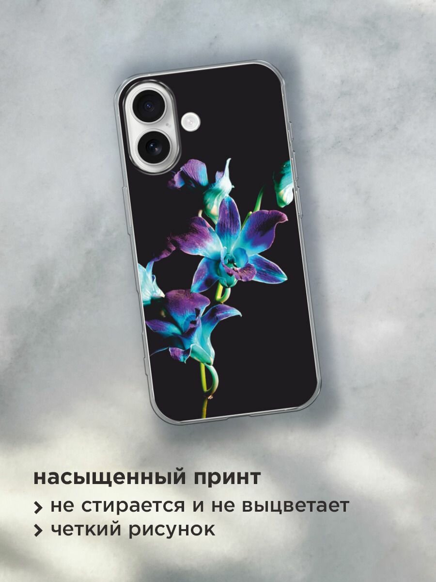 Чехол на Apple iPhone 17 / Айфон 17 с принтом "Синий цветок на черном" — фото 1